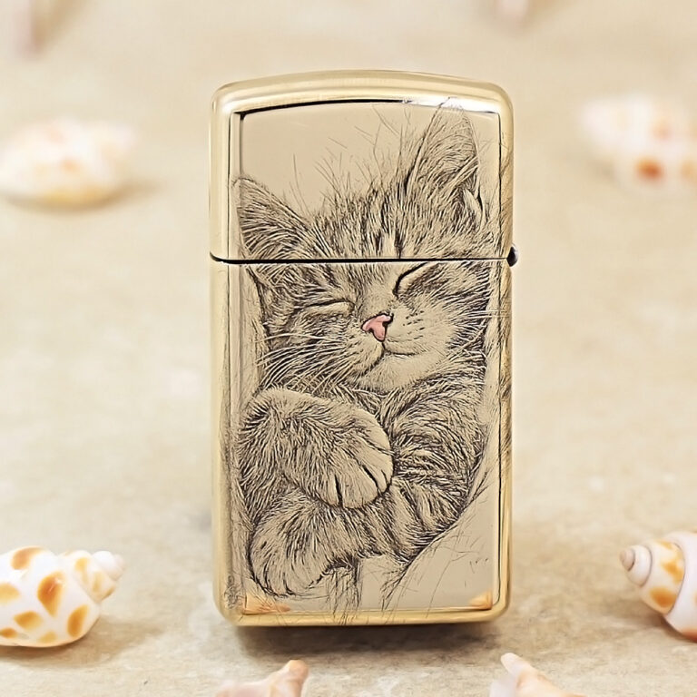 Zippo Slim Etching Brass Melancholy Cat Lighter